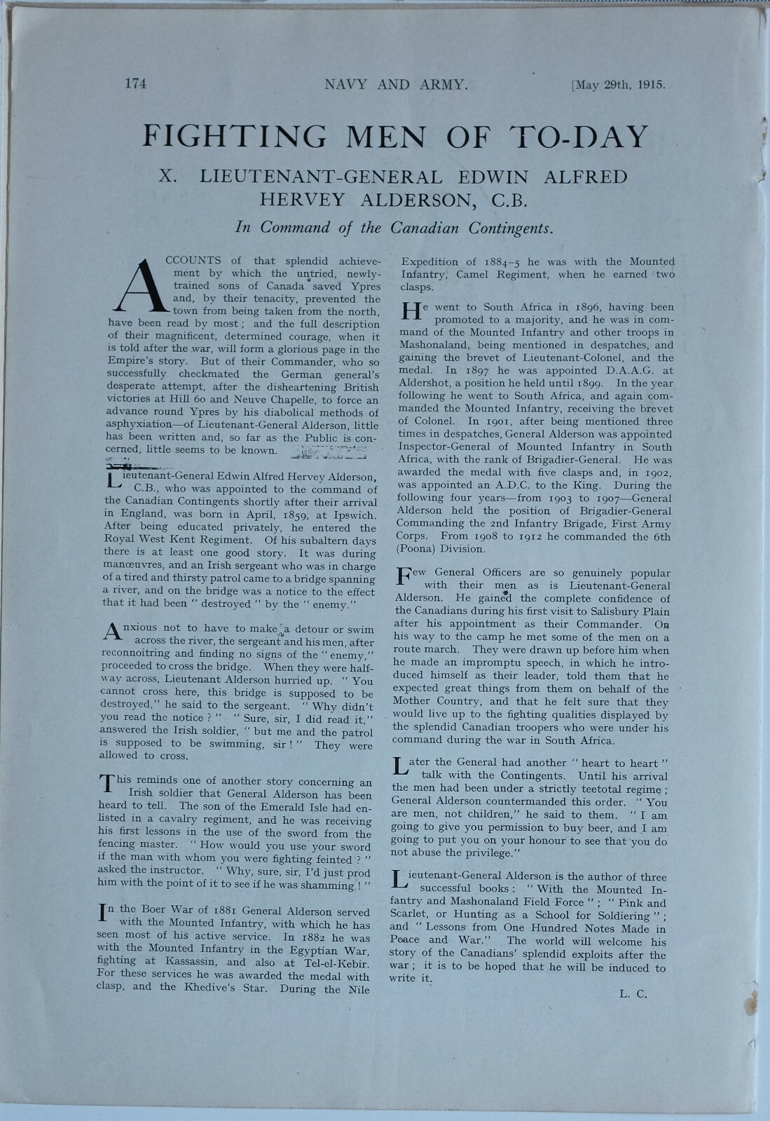 1915 WW1 PRINT LIEUTENANT GENERAL EDWIN HERVEY ALDERSON CANADIAN ...