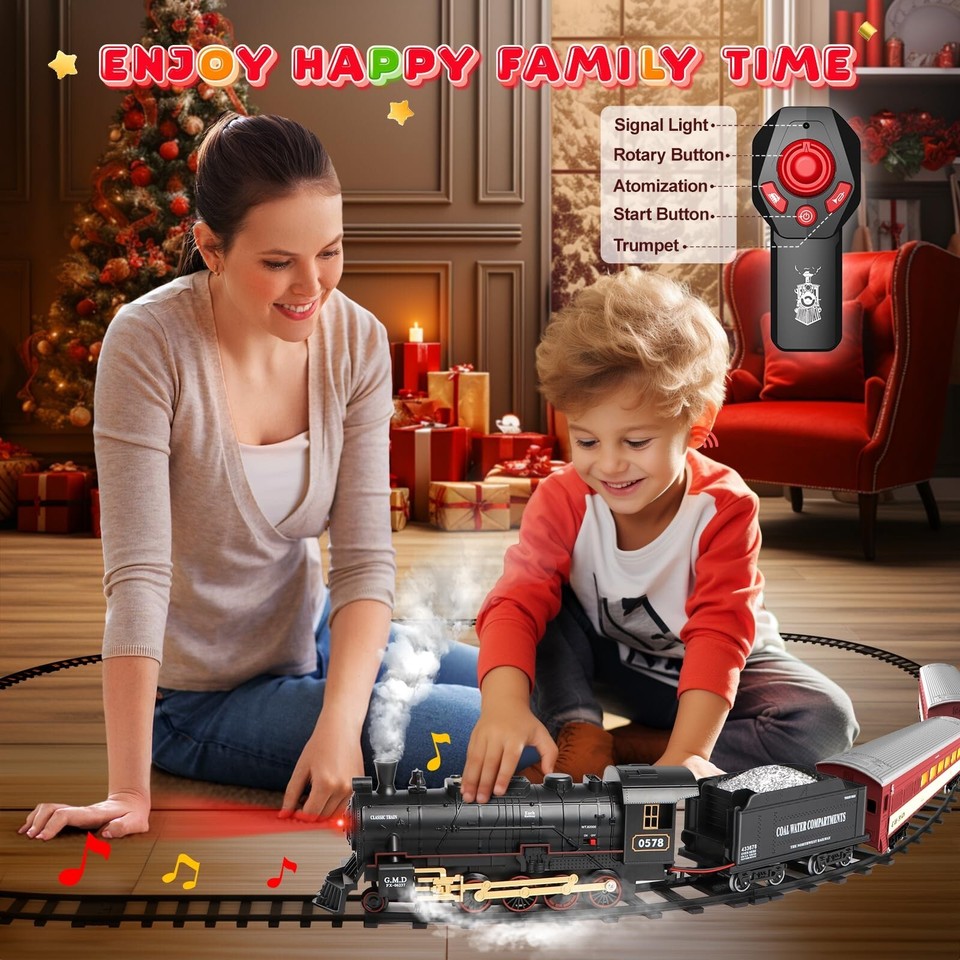 Hot Bee Train Set for Boys,Remote Control Christmas Train Sets w/Steam ...