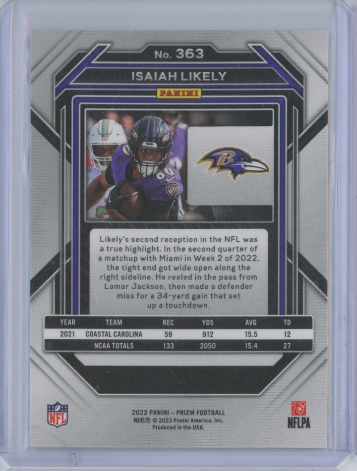 2022 Prizm Isaiah Likely Rookie RC Base #363 Baltimore Ravens A241 | eBay