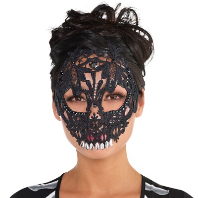 Black & Bone LACE SKULL MASK Plastic Halloween Party Costume Accessory ...