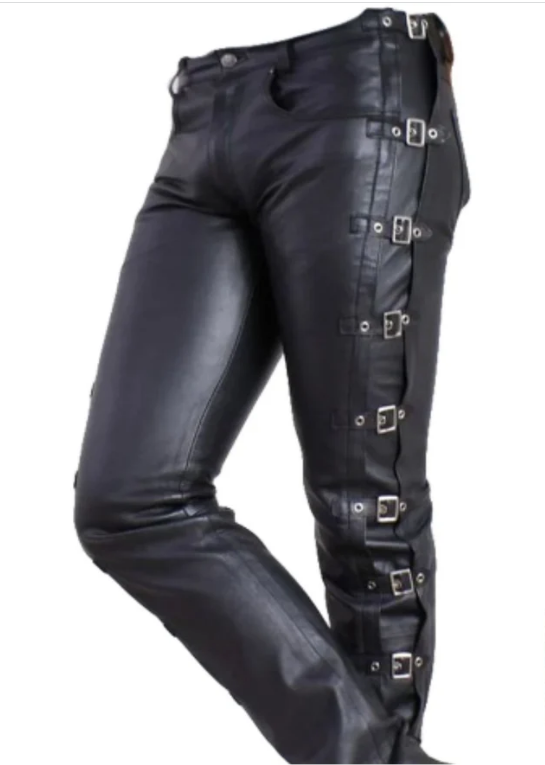 Mens Pure Leather Pants Brown Trousers with Side Buckles Motorcycle ...