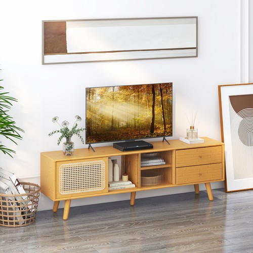 Console Table Bamboo TV Stand w/ PE Rattan Door & 2 Drawers for TV up ...