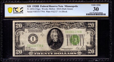 1928 B $20 FEDERAL RESERVE NOTE MINNEAPOLIS FR.2052-I DGS PCGS B VERY ...