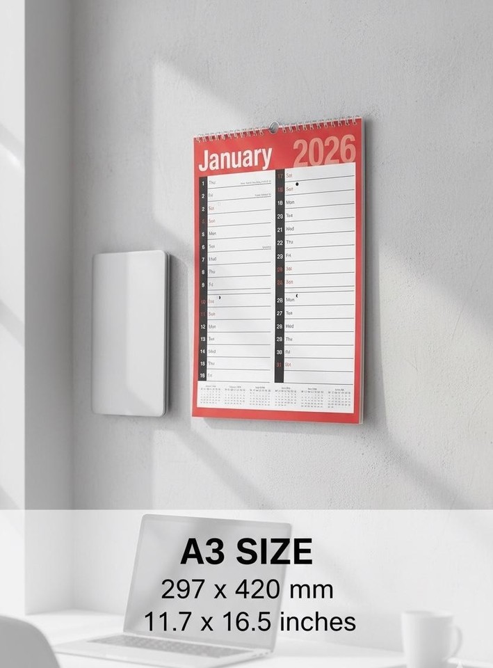 2026 Calender A3 Wall Calender Large Easy to View Monthly Full Year ...
