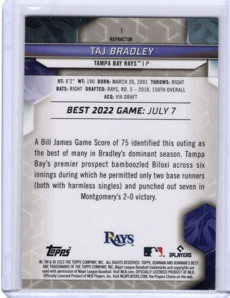 Taj Bradley 2023 Bowman's Best Refractor Rookie RC - #1 Tampa Bay Rays | eBay