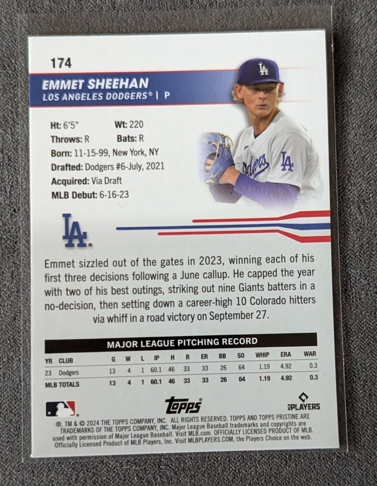 Emmett Sheehan 2024 Topps Pristine Rookie Card! #174 (RC) Dodgers ...