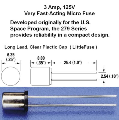 2 ea, 3 Amp Fast Blow Micro Fuse, 125V, 3A 125 Volt Developed for Space ...