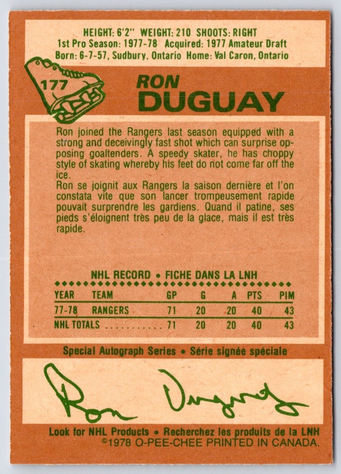 RON DUGUAY RC 1978-79 O-PEE-CHEE 78-79 NO 177 NRMINT+ 56838 | eBay