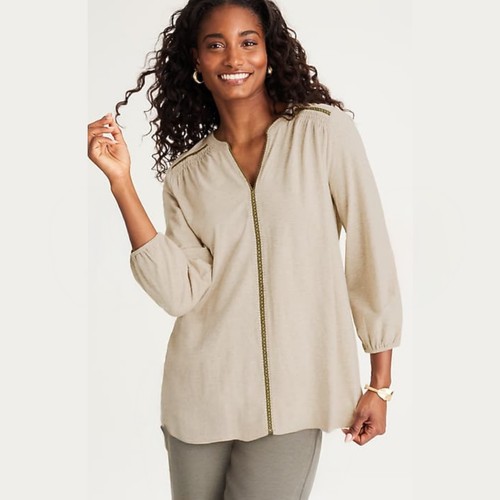 J Jill Pure Jill Top Womens 3X Beige Green Contrasting Trim Cotton ...
