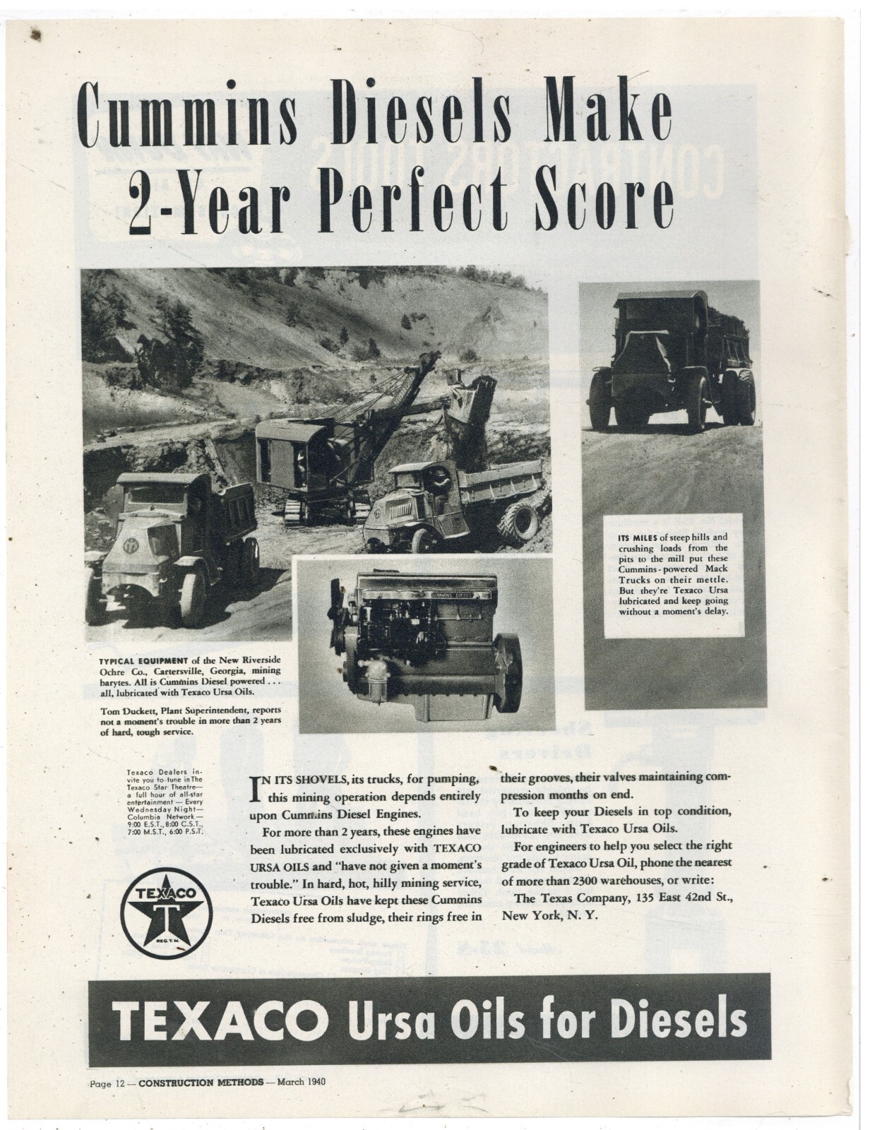 1940 Texaco Ad: URSA Diesel Oil - Cummins Mack Trucks - Cartersville ...