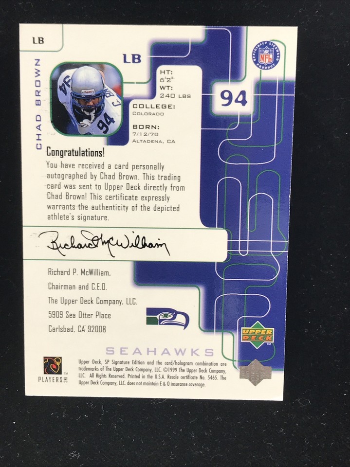 Chad Brown 99 Sp Signature Seattle Seahawks | eBay