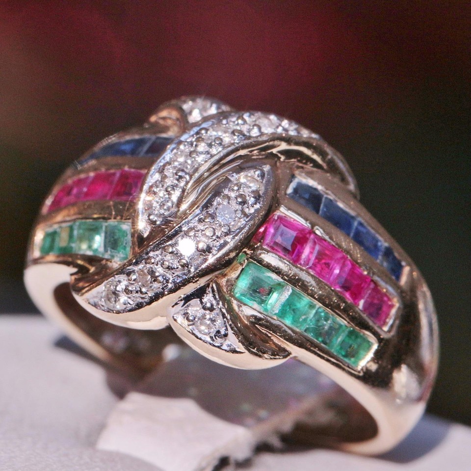 14k 585 yellow gold sz 7 ring 1.35ct diamond treated multi gemstone 5 ...