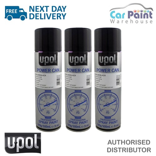 3 x U-POL Power Can Gloss Black 500ml Aerosol Spray Cans UPOL Powercan ...