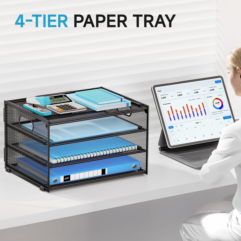 3-Tier Letter Tray Desk Organizer, Mesh Metal Paper File Tray Organizer ...