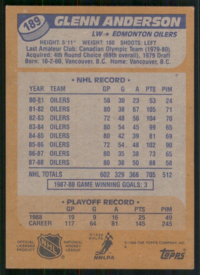 1988-89 Topps #189 Glenn Anderson Edmonton Oilers 15184 | eBay