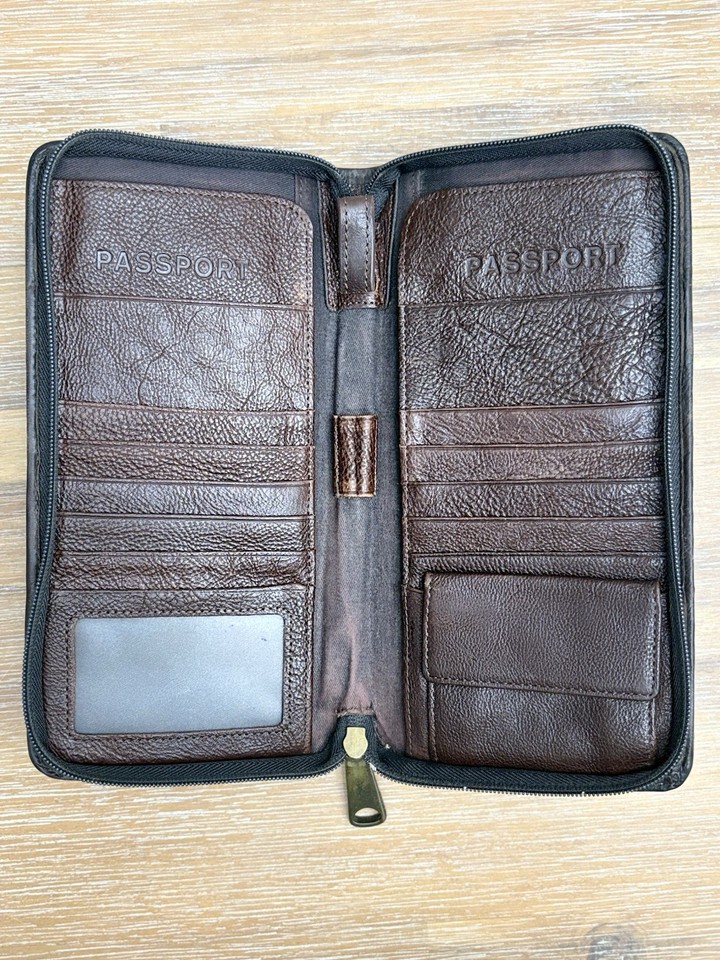 Fossil Cowhide Travel Wallet Bovine Brown Leather Zip Around Passport ...