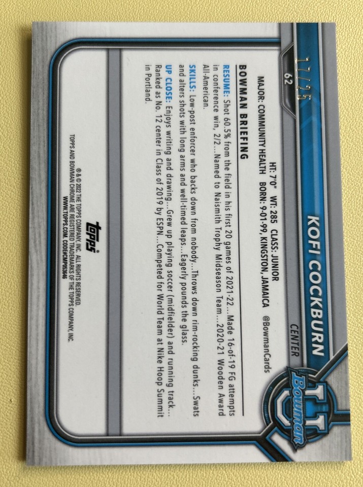 2022 1st Bowman Chrome Kofi Cockburn Gold Refractor /25 #62 | eBay