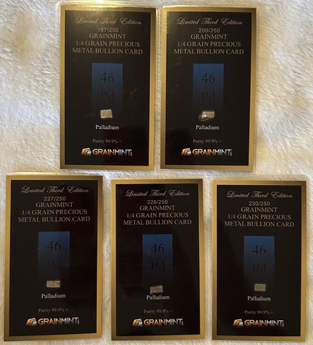 Lot of Five 1/4 Grain Palladium .999 Bullion Assay Cards from GrainMint ...