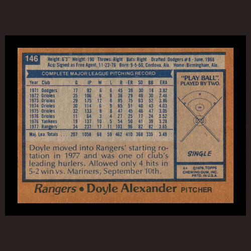 Doyle Alexander #146 1978 Topps Texas Rangers Vintage Baseball Card Set ...