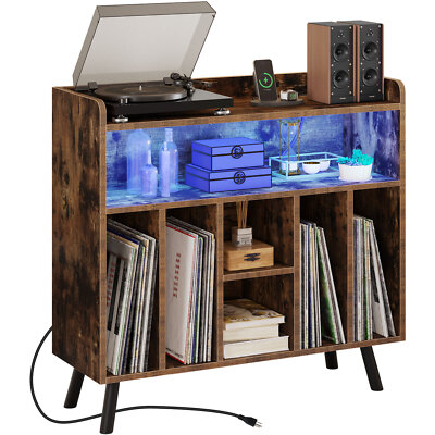 RGB LED Record Player Stand Cabinet Turntable Stand w/ Power Outlets ...