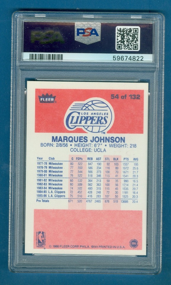 1986 Fleer Basketball #54 Marques Johnson Clippers PSA 8 NM-MT | eBay