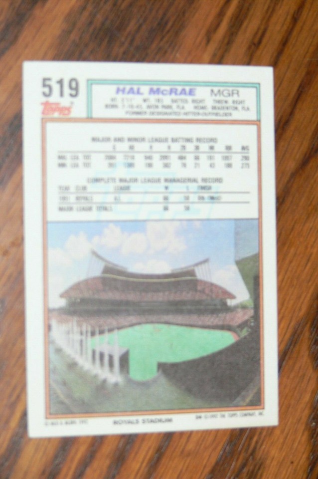 HAL MCRAE SIGNED AUTOGRAPHED 1992 TOPPS CARD # 519 KANSAS CITY ROYALS ...