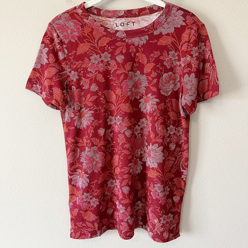 Ann Taylor LOFT NWT Floral Everyday Crew Tee Shirt Maroon Size XS | eBay