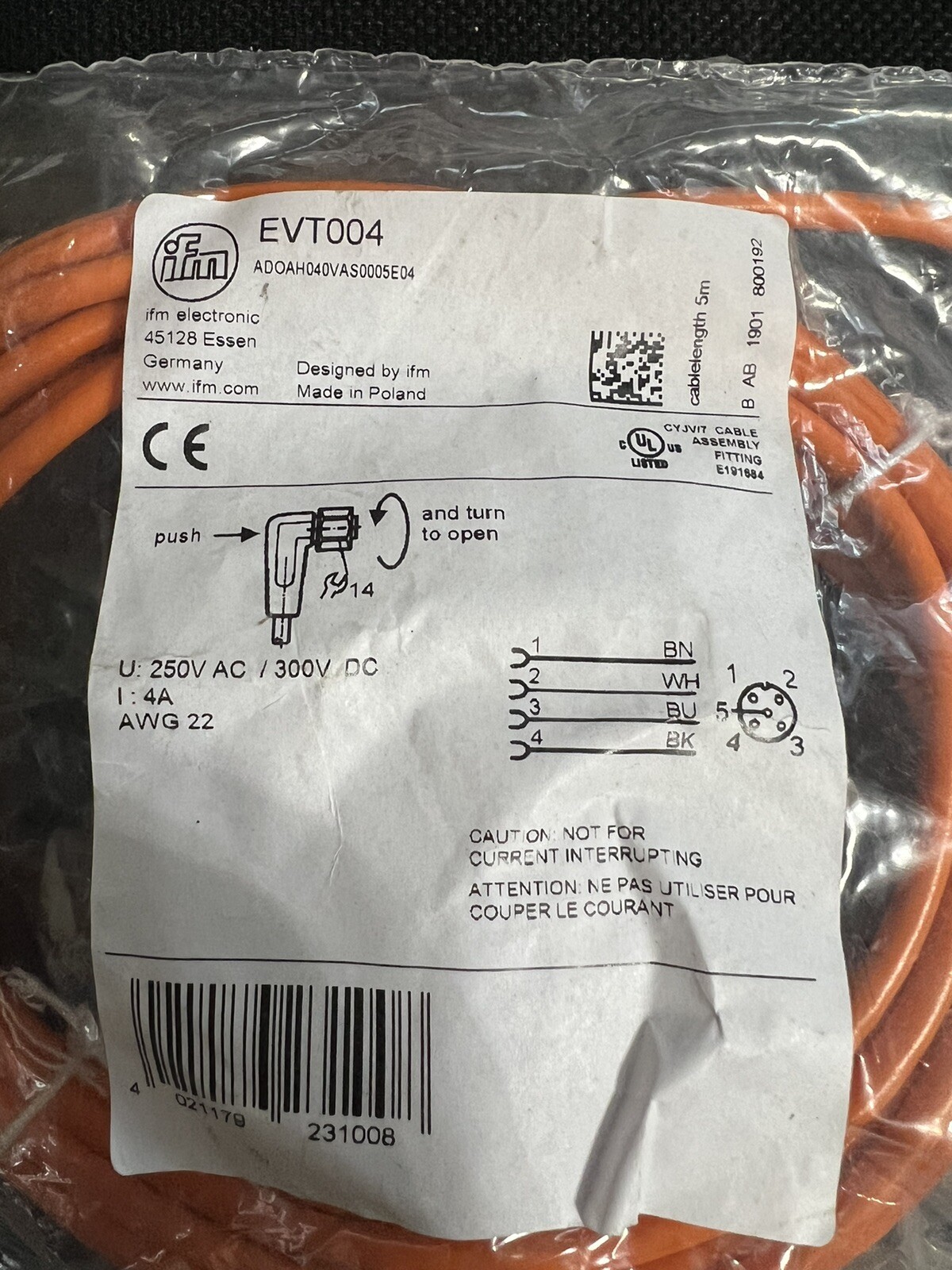 EFECTOR EVT004 / ADOAH040VAS0005E04EVT004 cable new in package | eBay