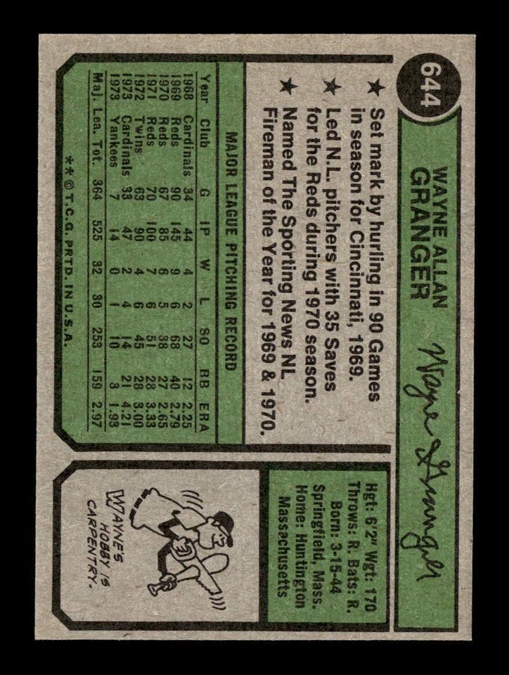 1974 Topps #644 Wayne Granger New York Yankees NM-MT Baseball Card ...