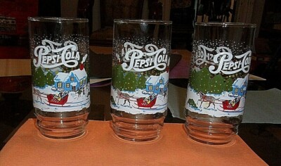 PEPSI COLA WINTER SCENE PROMO DRINKING GLASSES LOT OF 3 SNOWMAN HORSE ...