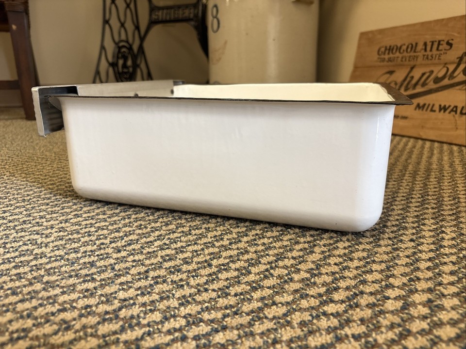 Vintage Enamel Ware Tub Square Refrigerator Tray Pan White Black Farm ...