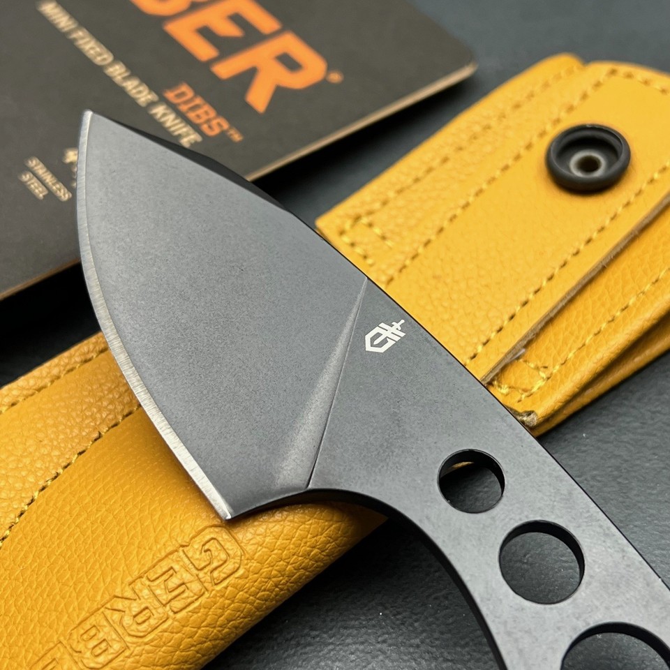 Gerber Black Skeletonized Dibs Fixed Blade Knife with Genuine Leather ...