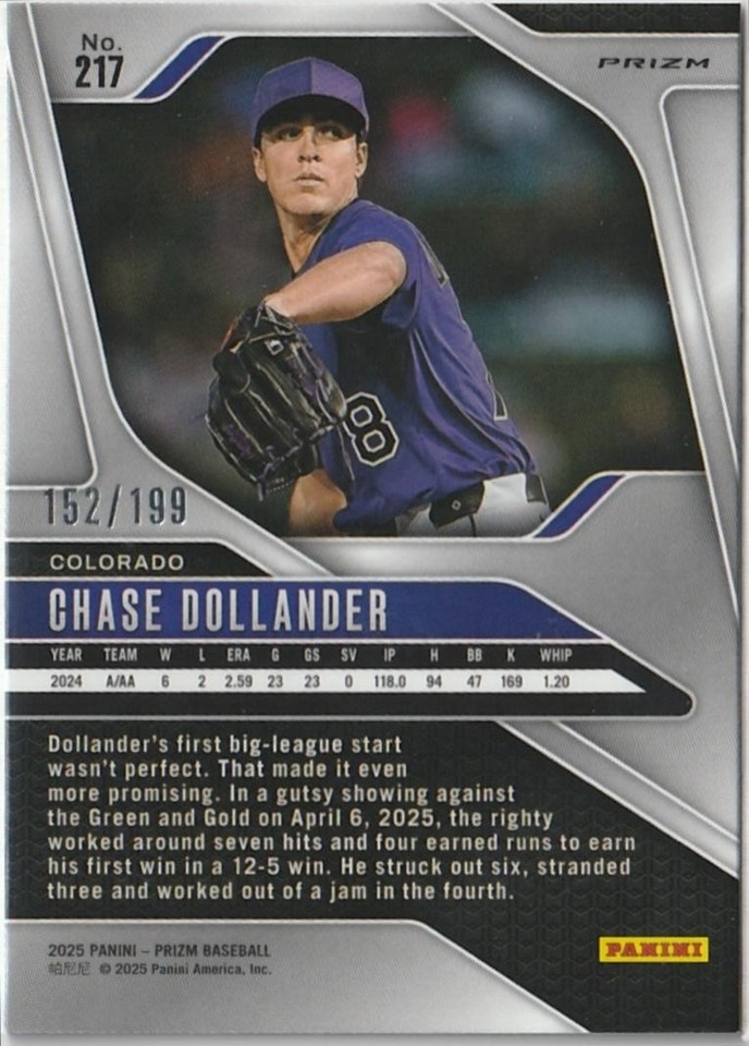 Chase Dollander 2025 Panini Prizm Blue RC #217 Baseball #/199 | eBay