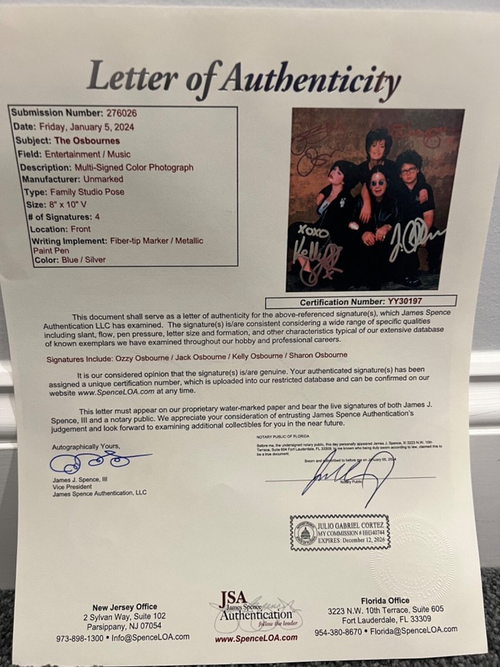 The Osbournes signed 8x10 JSA Full Letter COA Ozzy Osbourne Kelly Jack ...