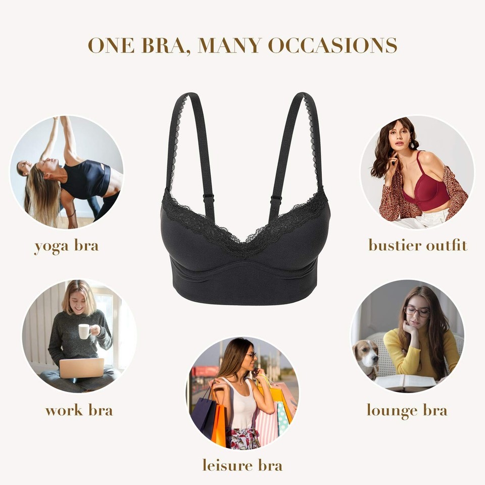 DOBREVA Women's Push Up Bras, Wireless Padded Support Lace Longline No ...