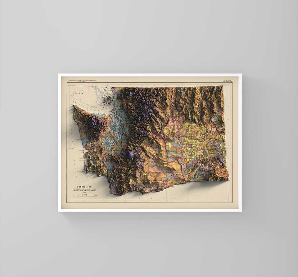 Washington Map, Washington 2D Relief Map, Washington Vintage Map - 2D ...