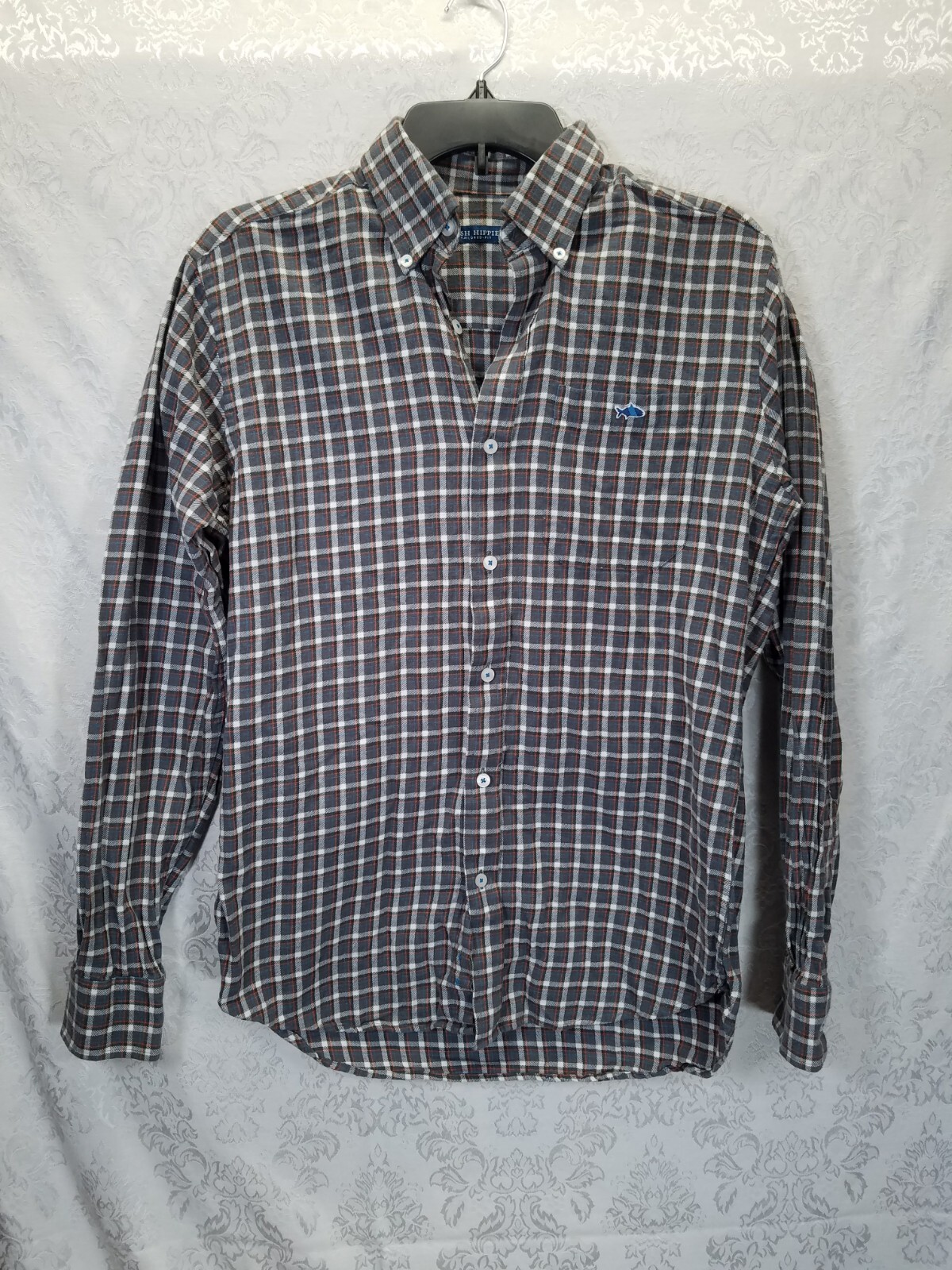 FISH HIPPIE Mens SMALL Olive Green Plaid Flannel Butt… - Gem