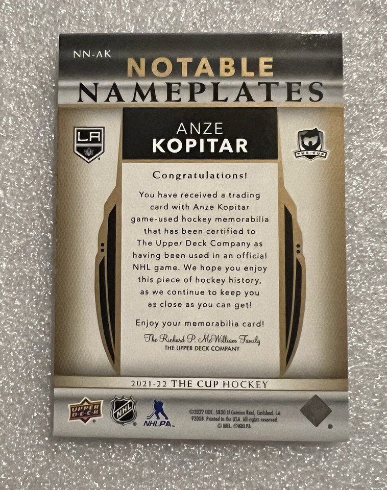 2021-22 UD The Cup Anze Kopitar Game Used Notable Nameplates Patch The ...