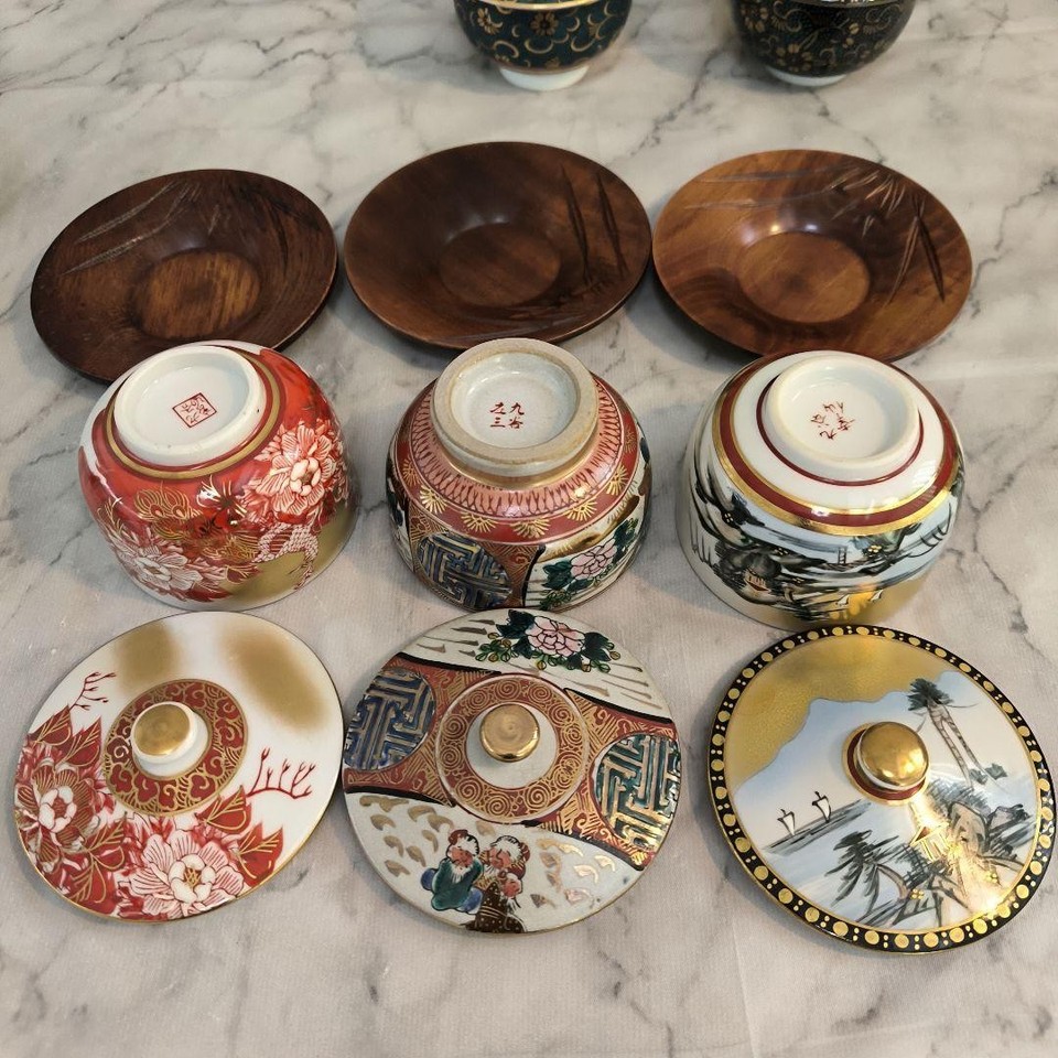 A luxurious Set 10 high-end natural wood tea saucers and 10 Kutani ware ...