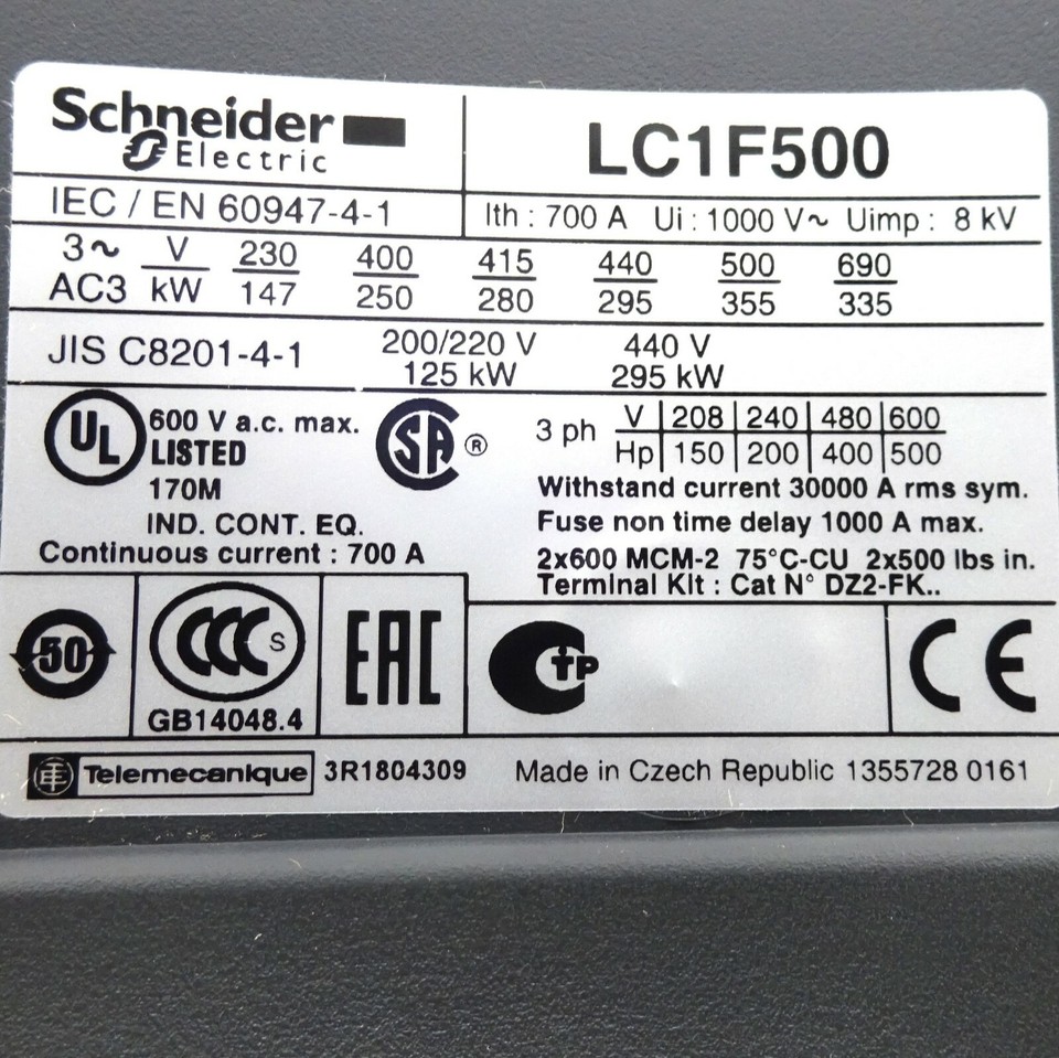 Contactor Series LC1F500 Schneider - AC3: 250kW 700A at 400V LC1F | eBay