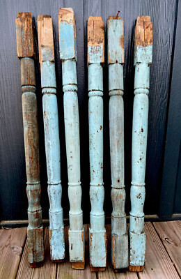 Antique Turned Wood Spindle Baluster Hardwood 34”Long Chippy Blue Green ...