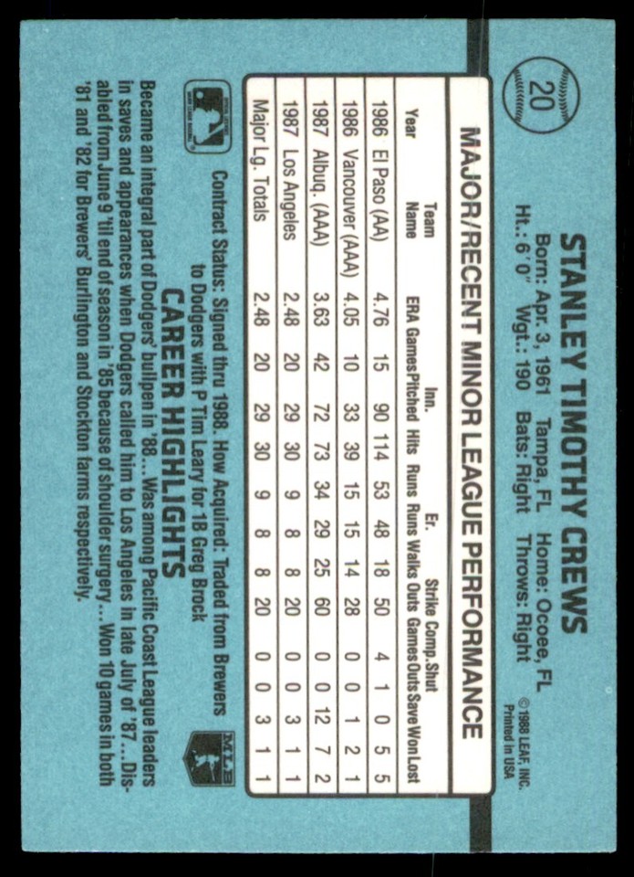 1988 DONRUSS THE ROOKIES TIM CREWS LOS ANGELES DODGERS #20 | eBay
