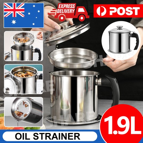 1.9L Stainless Steel Oil Strainer Dripping Container Fry Lard Pot Jug ...