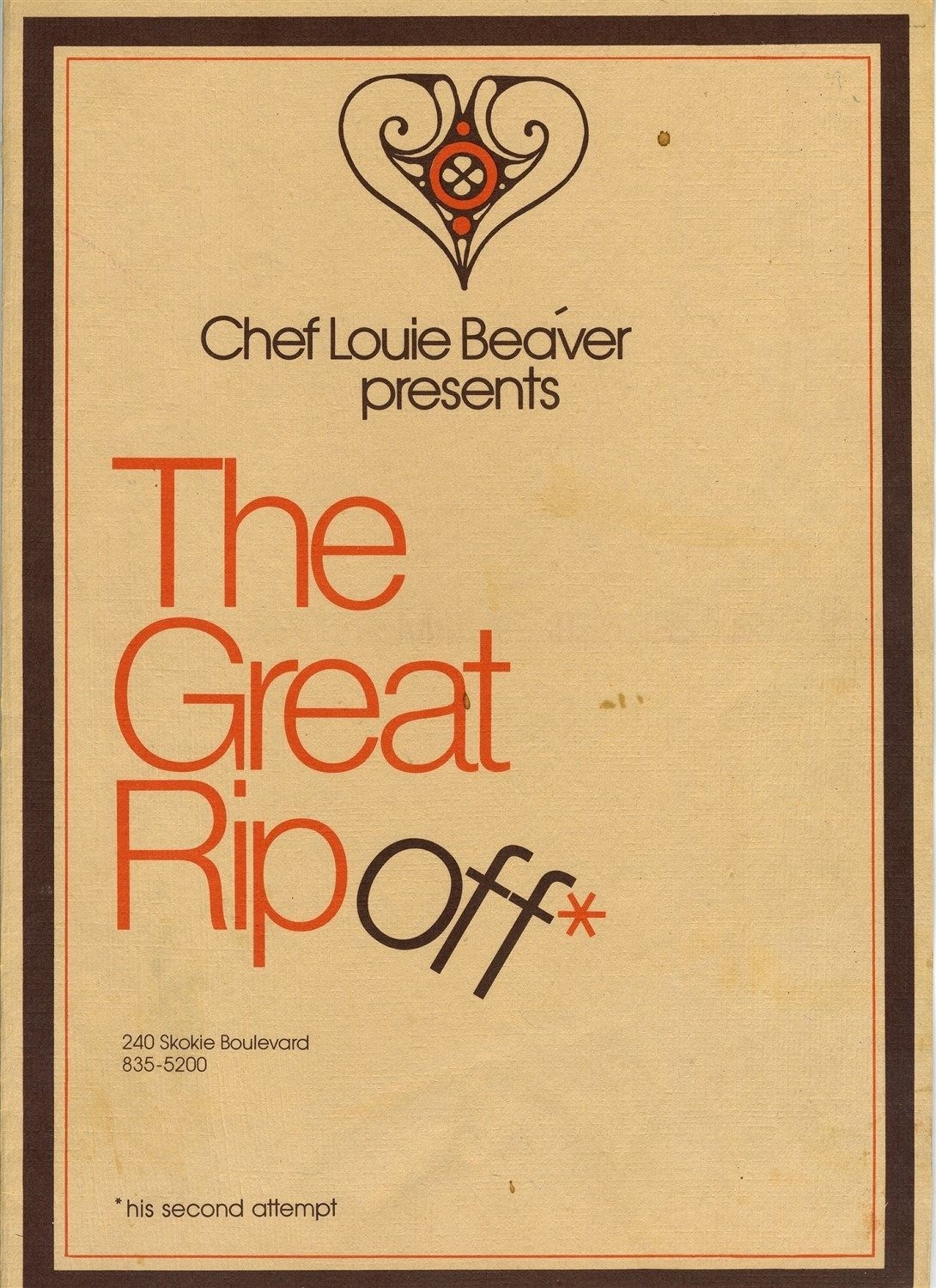 The Great Rip Off Menu Northfield Illinois Chef Louie Beaver 1980's | eBay