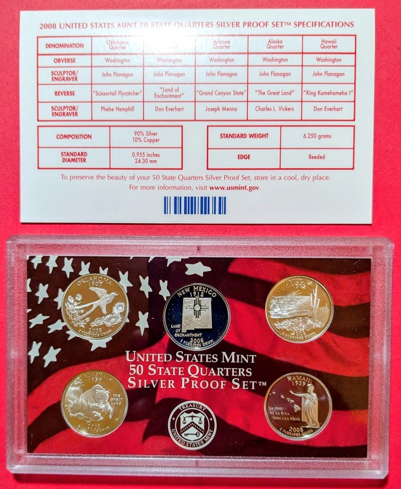 2008 S Silver Proof State Quarters Set 90% Silver 5 Coin Set with COA ...