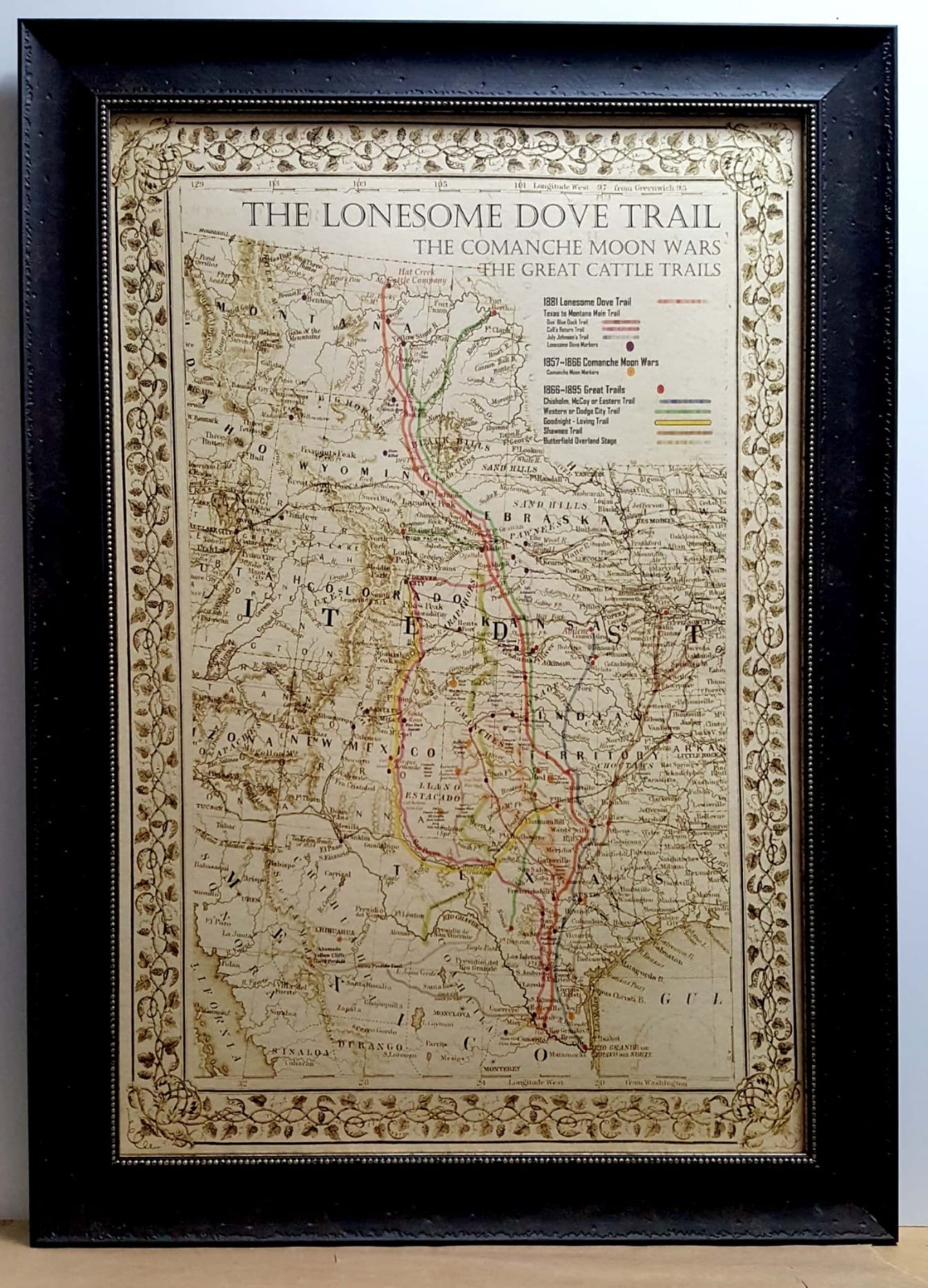 ANTIQUE TEXAS MAP FRAMED "The Lonesome Dove~Comanche Moon~Great Trails ...