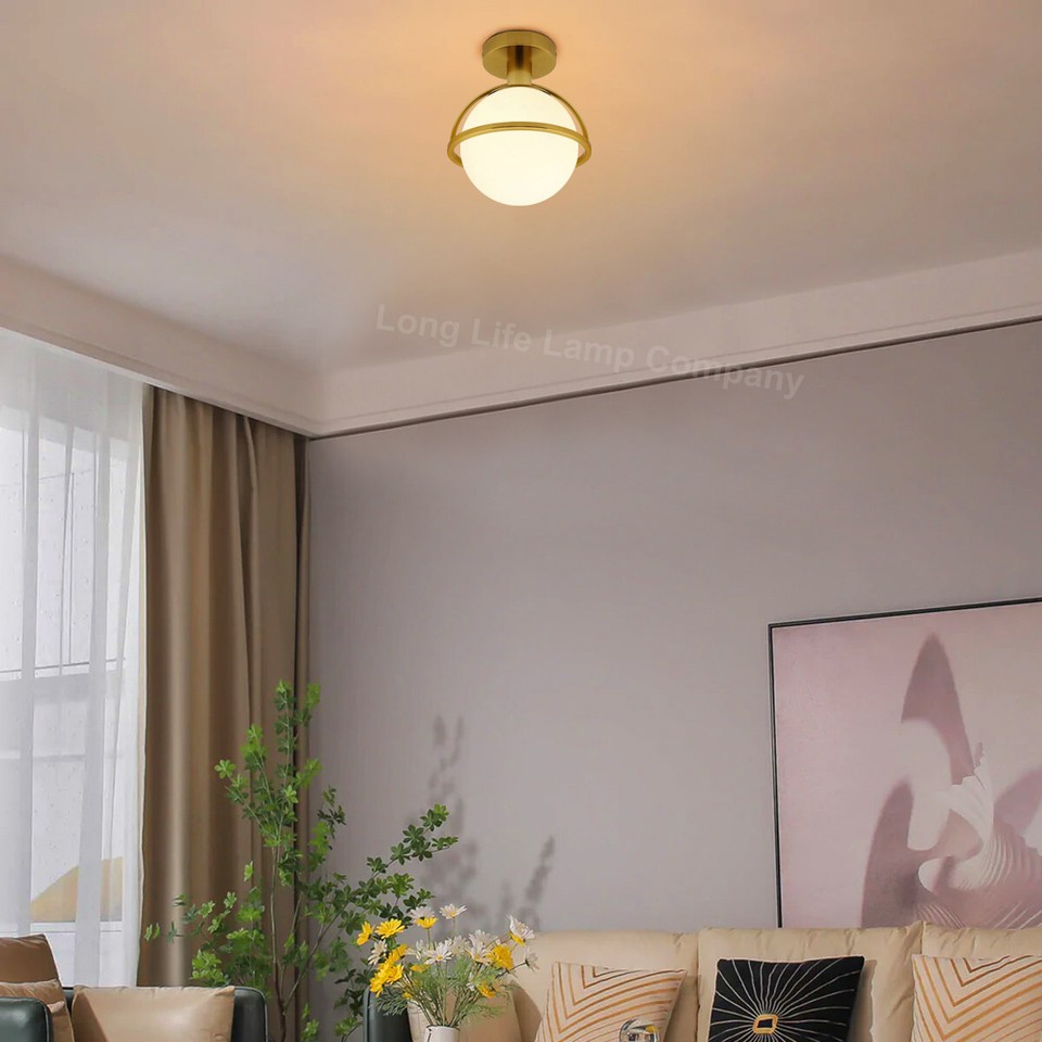 Antique Brass Ceiling Pendant Light Opal Globe Frosted Glass Lamp Shade ...