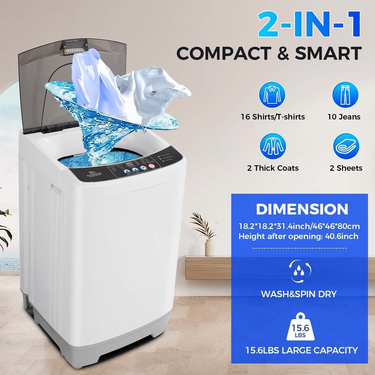 2-in-1 Portable Washing Machine 15.6lbs Full-Automatic 2.1 Cu.ft ...