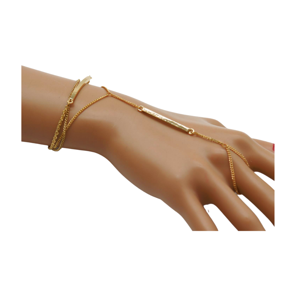 Women Gold Metal Hand Chain Bracelet Long Plate Connected Ring Modern ...