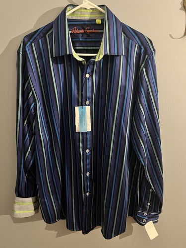 Robert Graham Men's XL Geometric Blue Striped Tailored Fit Long Sleeve ...